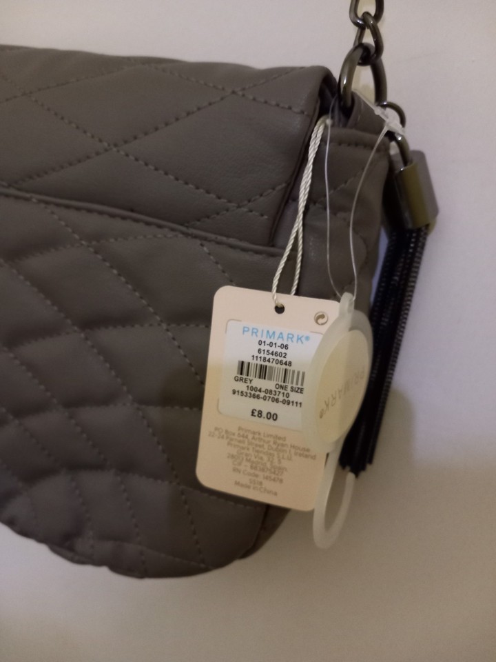 New primark grey quilted stud shoulder bag with a chain charm | eBay UK
