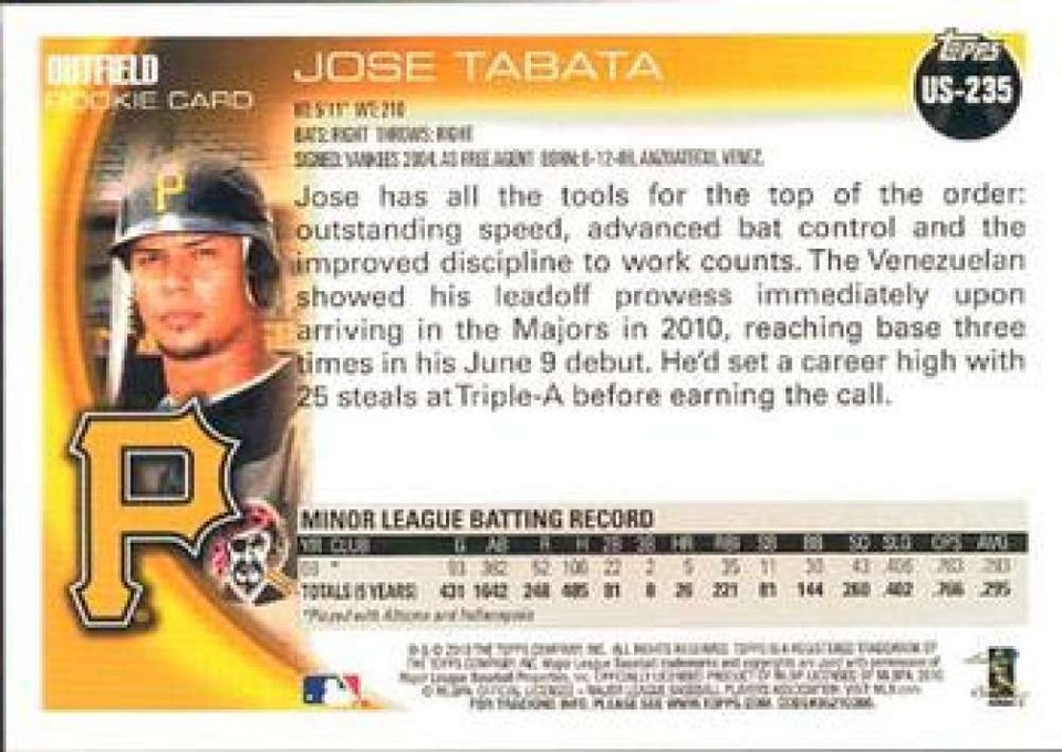 2010 Topps Update #US-235 Jose Tabata Pirates NM-MT (RC - Rookie Card ...