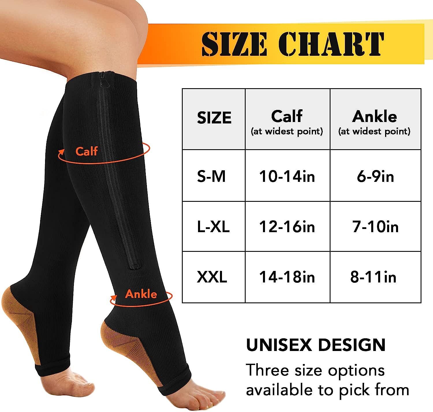 Copper Zipper Sports Compression Open Toe Socks Varicose Veins Support ...