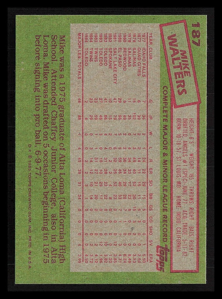 Mike Walters 1985 Topps #187 Minnesota Twins | eBay