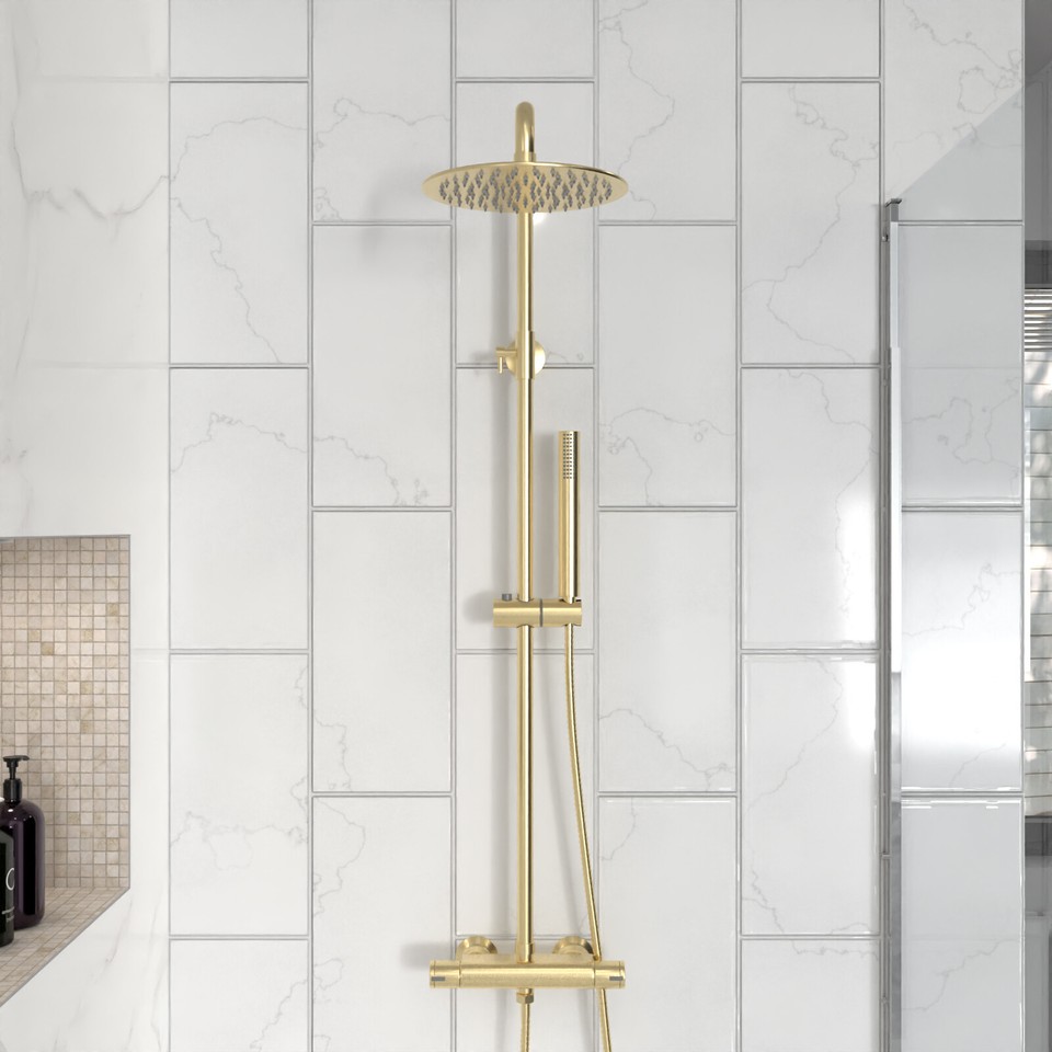 Nes Home Modern Brushed Brass Cool Touch Thermostatic Riser Rail Shower ...