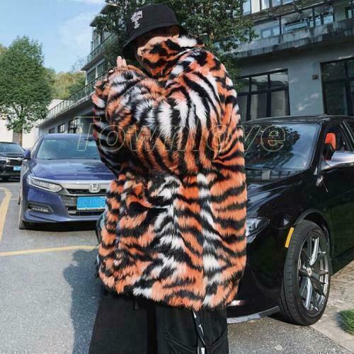 Men's Winter Stand Collar Faux Fur Tiger Stripes Jackets Thicken Padded ...