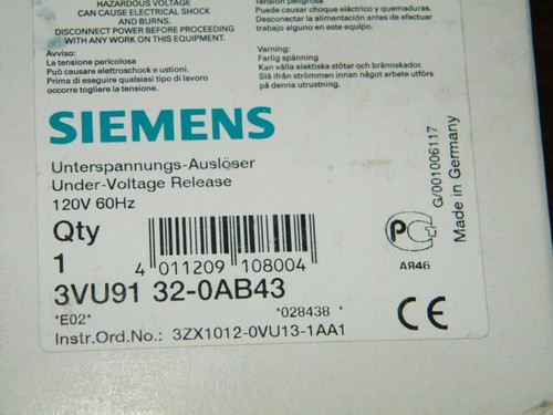 Siemens 3VU9132-0AB43 under voltage release relay 120 V 60 HZ | eBay