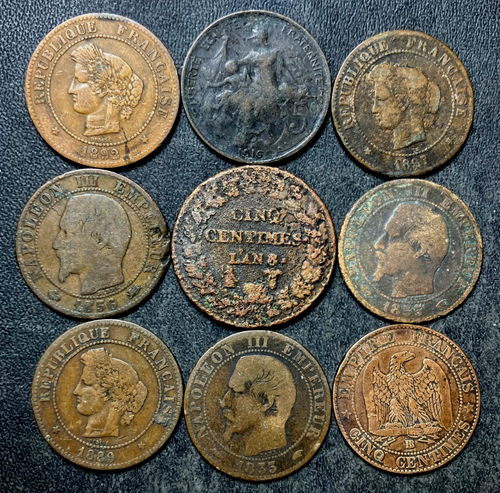 Old FRANCE Coin Lot - 1801-1916 - 5 CENTIMES - 9 Vintage Coins - Lot # ...