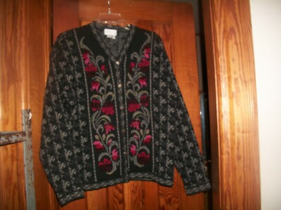 Chessy Lewis Womens SZ M Black/Red/Gray Print Wool Cardigan Sweater ...