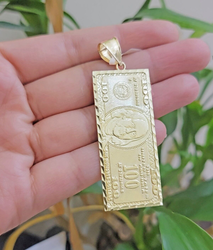 10k Yellow Gold Charm Pendant 100 Dollar Bill Mens REAL 10KT With FREE ...