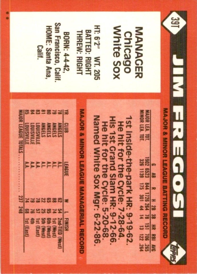 1986 Topps Traded Jim Fregosi Baseball Cards #39T | eBay