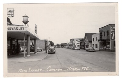 MAIN STREET CARLTON MINNESOTA RPPC POSTCARD MOBILGAS STATION CARS SIGNS ...