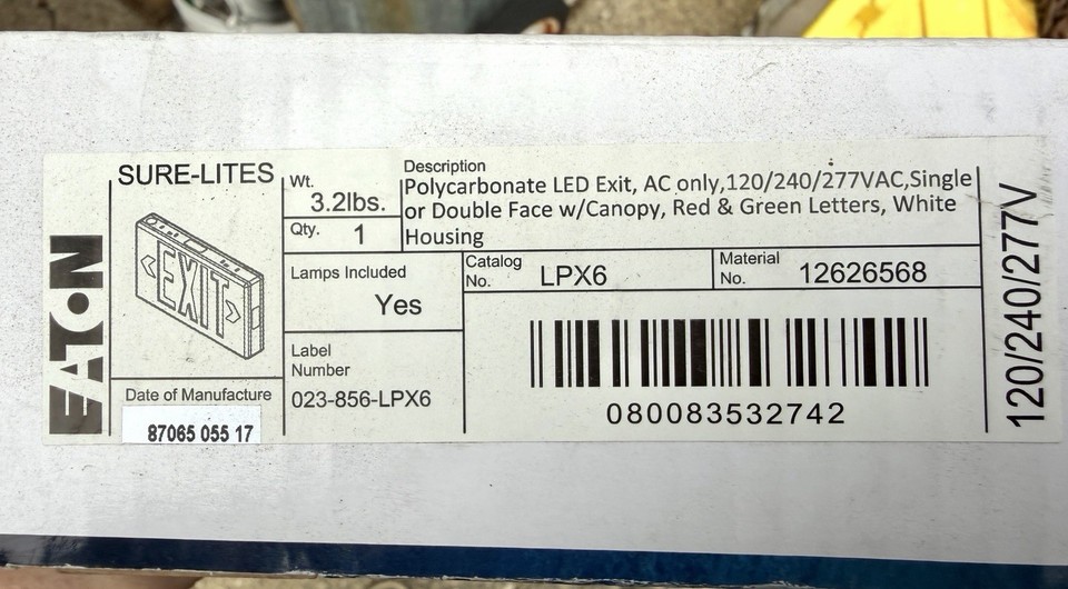 New Eaton Sure- Lite LPX6 EXIT Sign LED Red/Green 120/240/277 VAC NIB ...
