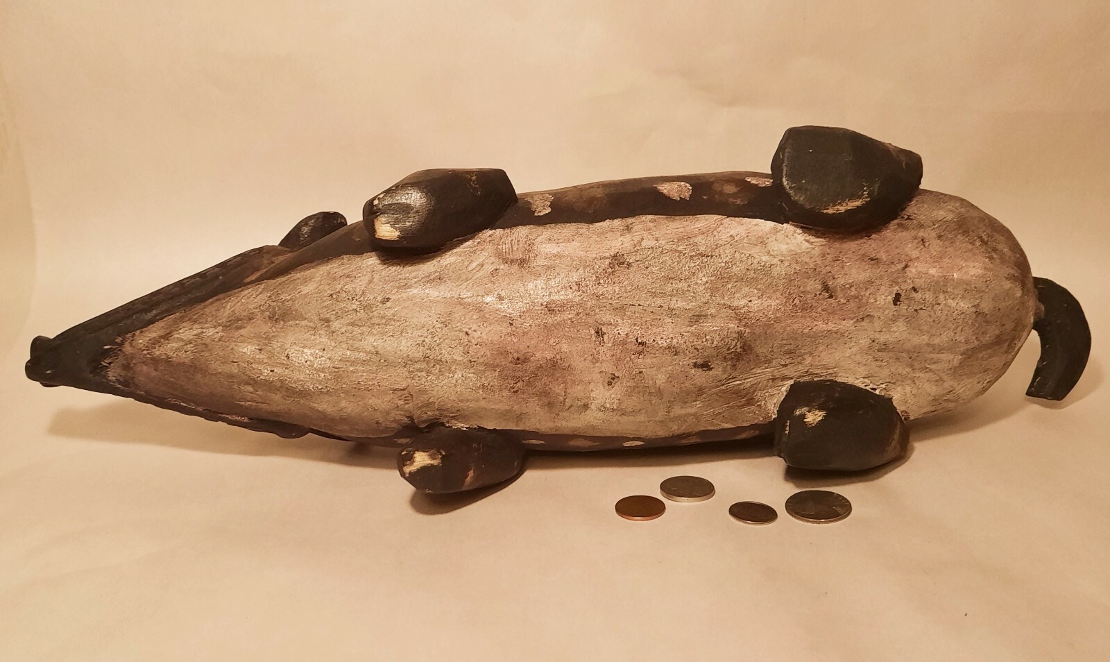 SLIT DRUM vtg wild boar pig pacific island tiki wood carving papua new ...