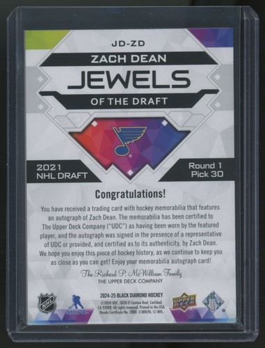 2024-25 Upper Deck Black Diamond Jewels of the Draft Rookies Zach Dean ...