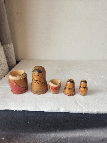 RRR RARE Vintage Wooden Hand Painted Russian Set of 3 Stacking Nesting ...