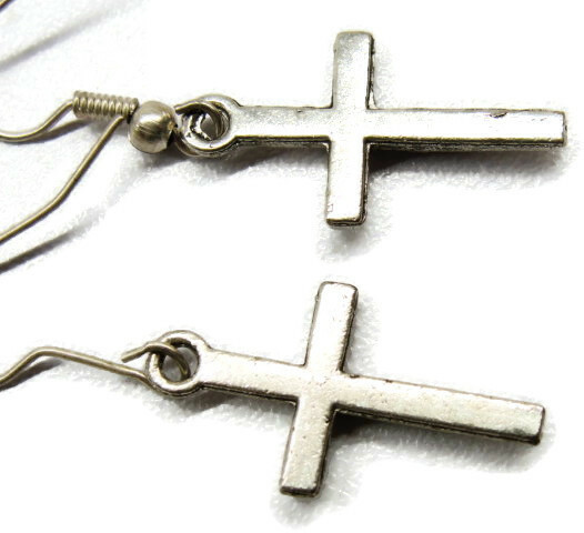Cross Religious Silver Tone Vertical Drop Dangle Hook Earrings Womans ...