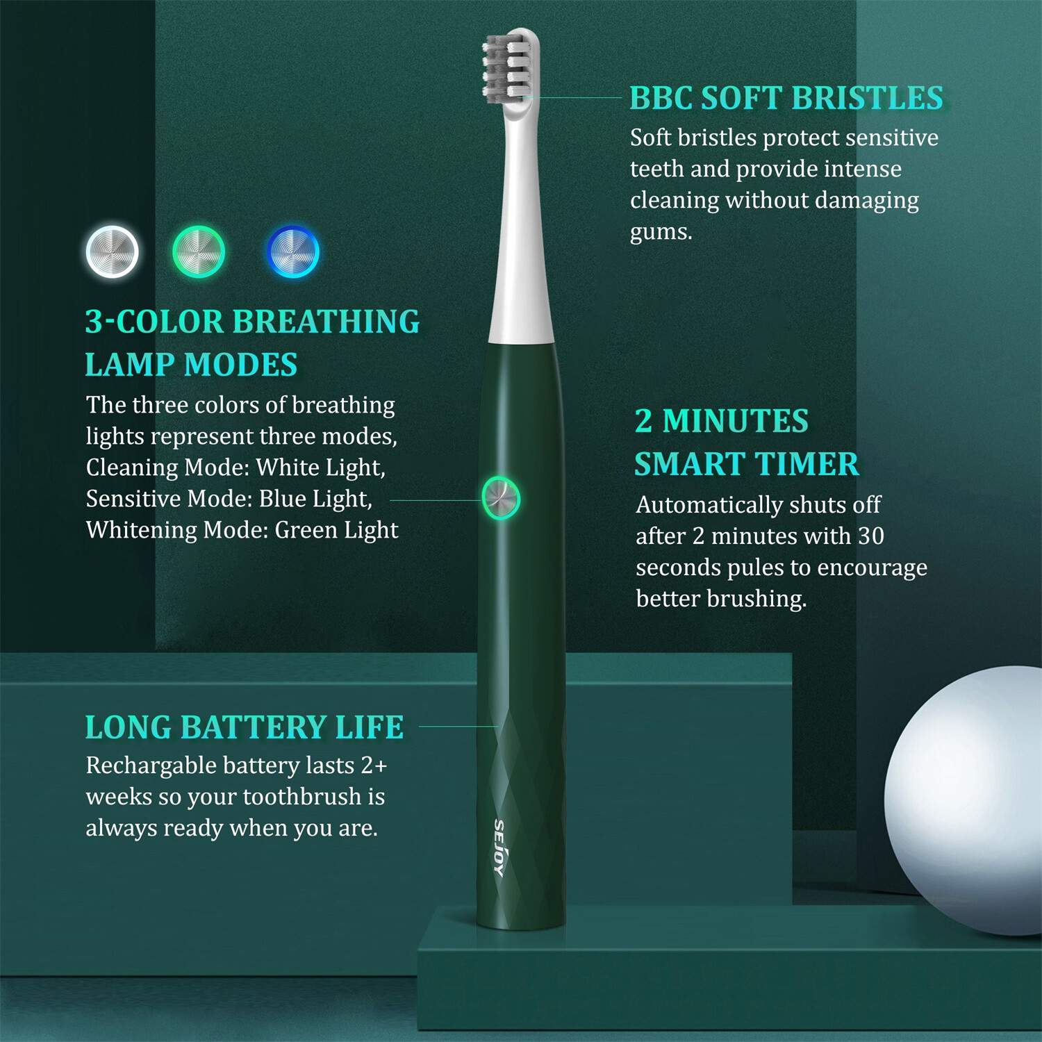 Electric Toothbrush Rechargeable Power Toothrush Sets with 4 Brush ...