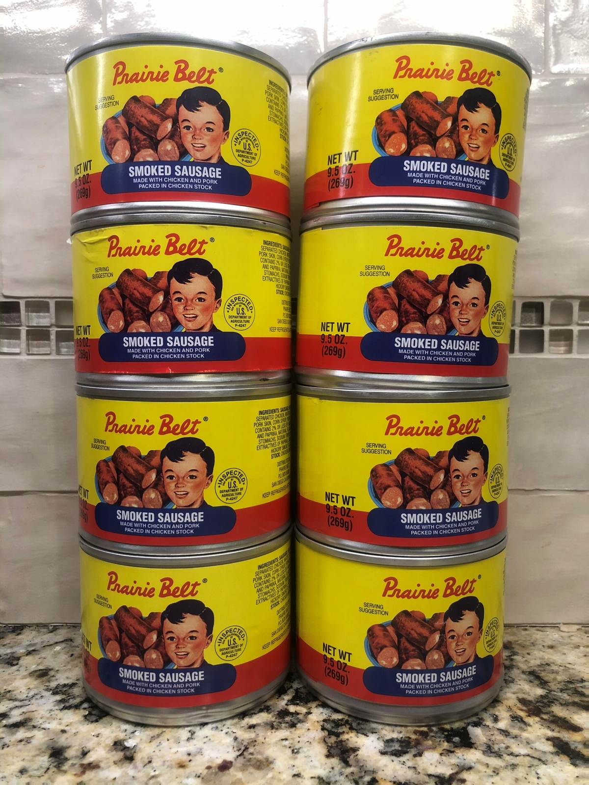 8 Big Cans Prairie Belt Smoked Sausage 9.5 oz Can Meat Chicken Pork ...