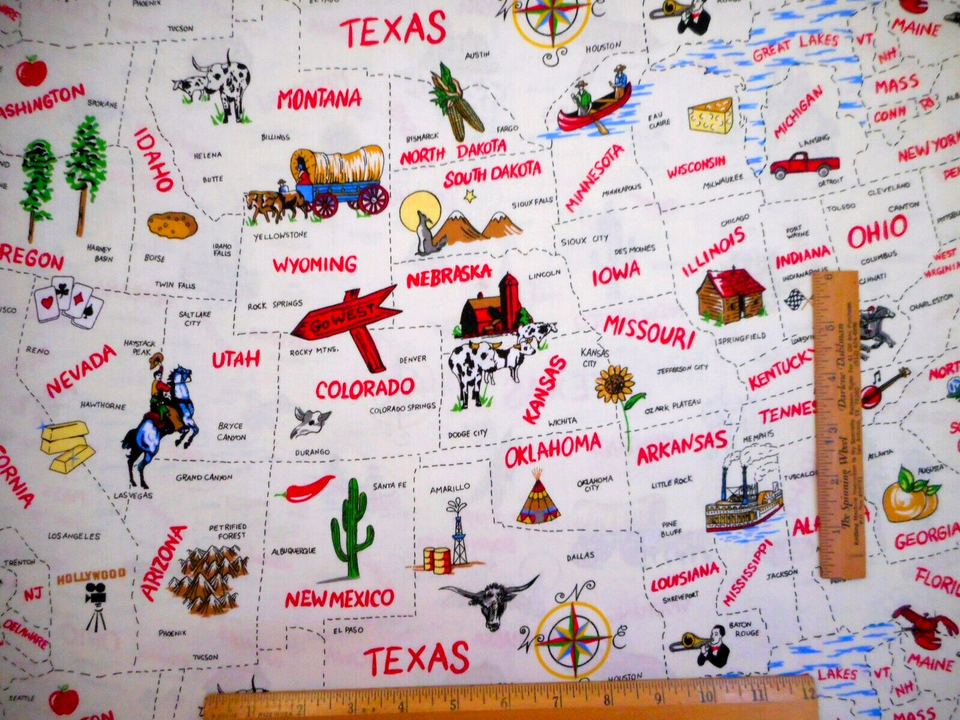 Quilt Fabric By Half-Yard All 50 States USA State Landmarks Motif Cream ...