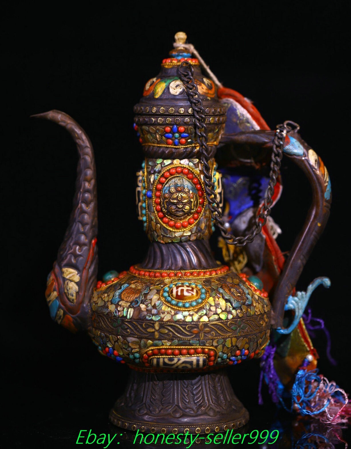 9" Old Tibet Purple Bronze Gilt Painting Inlay Gem dZi Bead Wine Tea ...