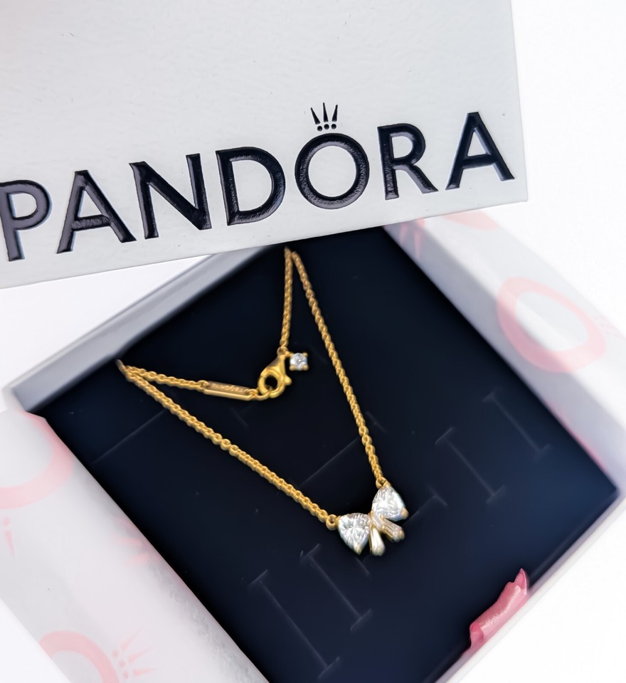 New 100% PANDORA 14K P Sparkling Bow Stud Earrings Necklace Jewelry ...