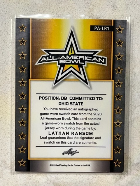 LATHAN RANSOM Ohio State 2020 Leaf Army All-American 8/20 PATCH Auto 8 ...