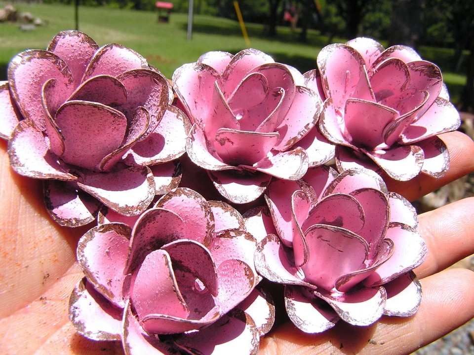 FIVE distressed pink Roses, metal flowers for crafts, jewelry, set 63 ...