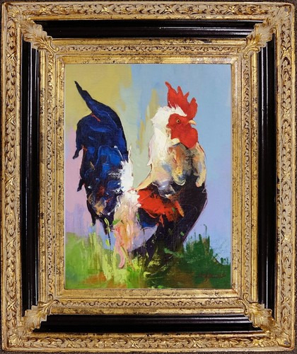 Rooster Portrait Painting, Antique Black Framed Oil on Canvas, Signed P ...