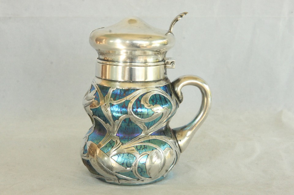 LOETZ BLUE OIL SPOT ART GLASS STERLING SILVER OVERLAY NOUVEAU MUSTARD ...