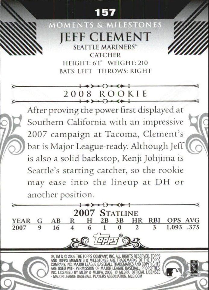 2008 Topps Moments and Milestones #157 Jeff Clement (RC) /150 - NM-MT ...