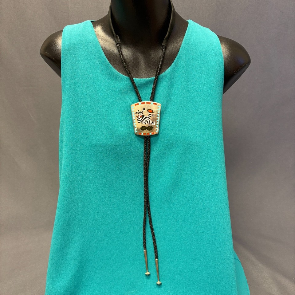 Dennis and Nancy Edaakie, Vintage Zuni Inlay Bolo Tie with Clown Design ...