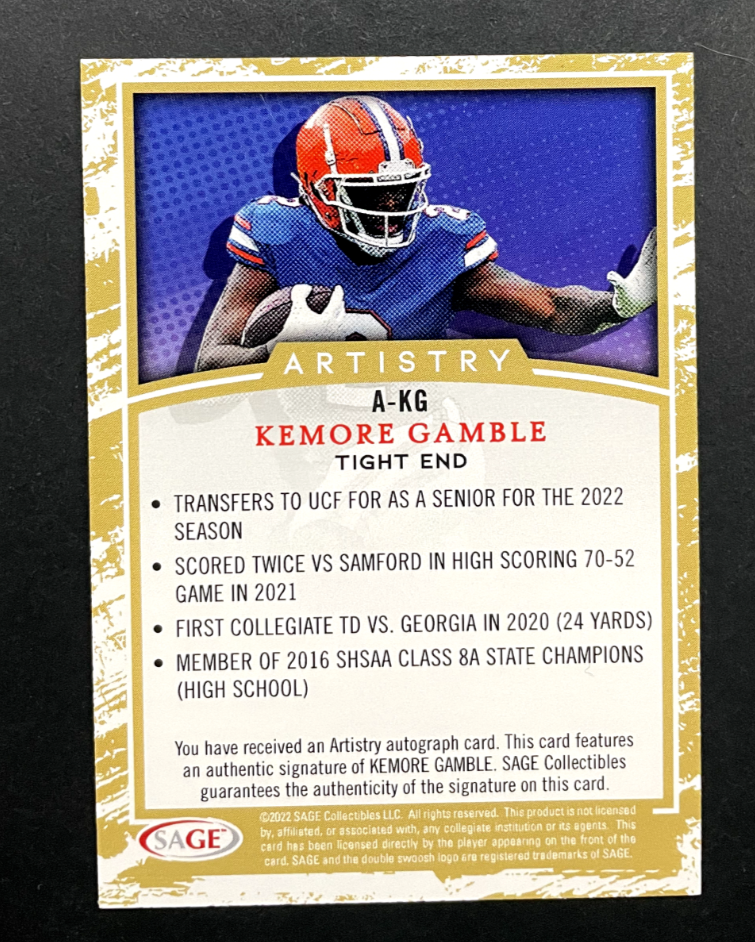 2022 SAGE Artistry - Kemore Gamble #A-KG Florida Gators - ROOKIE AUTO ...