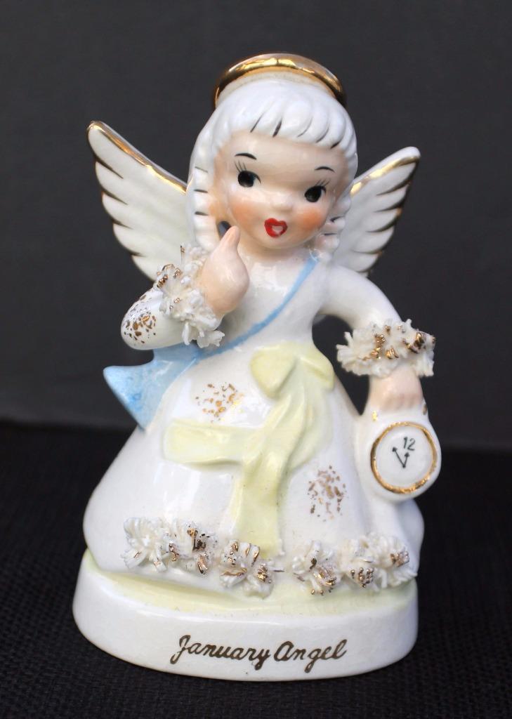 Vintage 50s NAPCO Porcelain JANUARY ANGEL with CLOCK 4 1/2"h Figurine ...