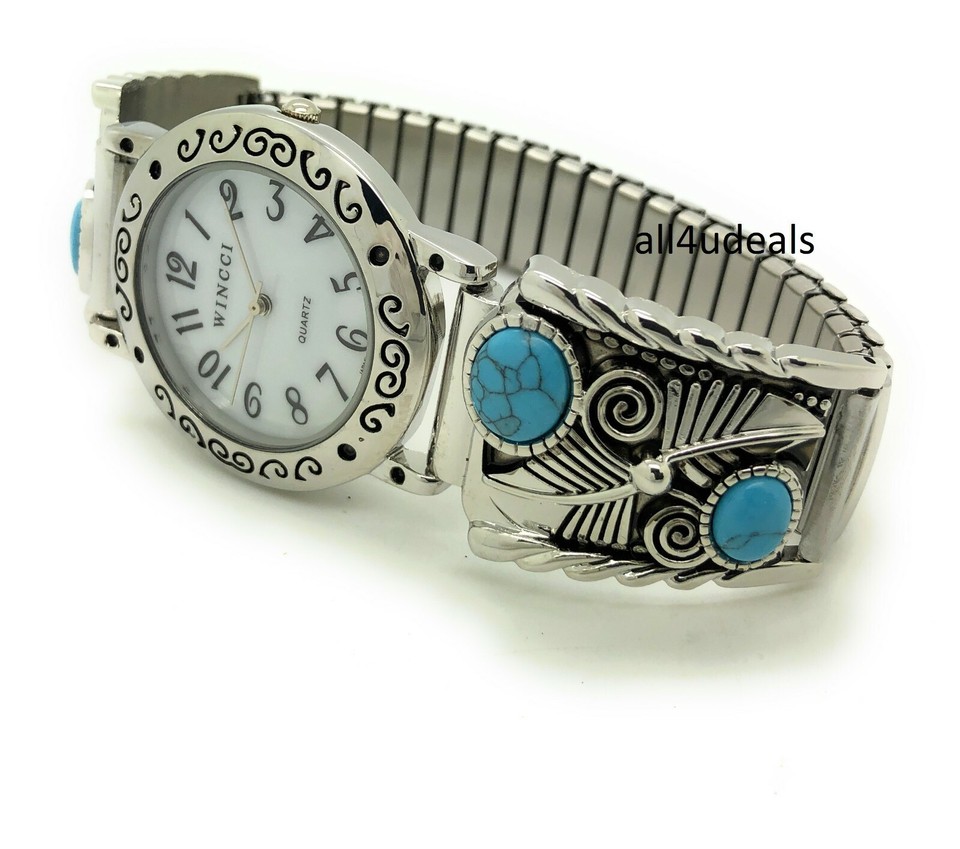 Wincci Mens Ladies Western Turquoise Stones Stretch Elastic Band ...