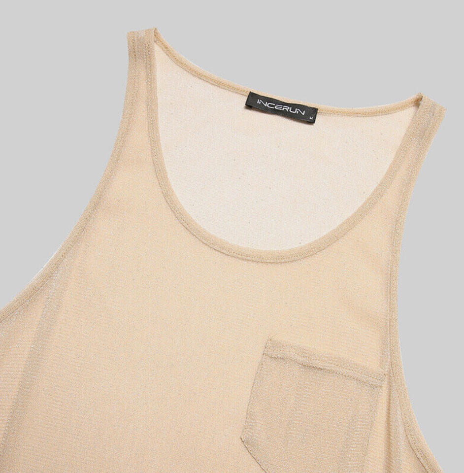 INCERUN Men's Gold Size XL Scoop Neck Sheer Mesh Metallic Pocket Tank ...