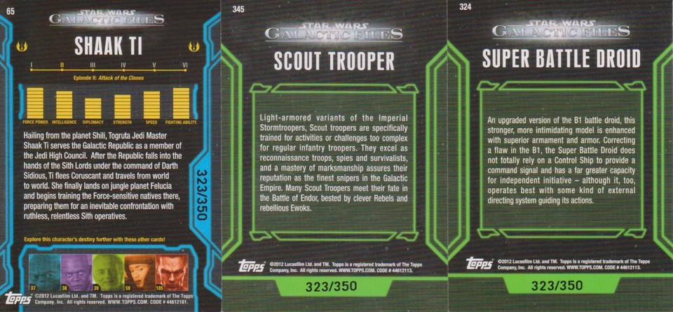 2012 STAR WARS GALACTIC FILES 1 BLUE PARALLEL 3 CARDS SAME SERIAL ...