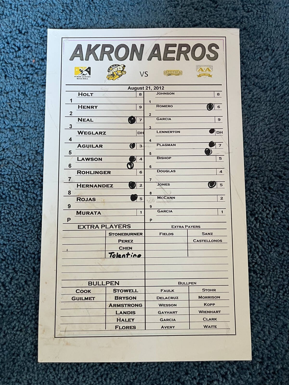 Akron Aeros Harrisburg Senators 8/21/12 Game Used Lineup Card | eBay