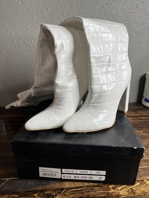PLT Thigh High Boots White Patent Croc Pointed Toe Block Heel Women's 7 ...