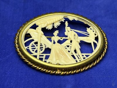 Vintage French Depose Brooch Carved Celluloid 1920s Carriage Scene ...