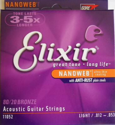 Elixir 11052 Bronze Nanoweb Light Long Life Bronze Acoustic Strings 012 ...