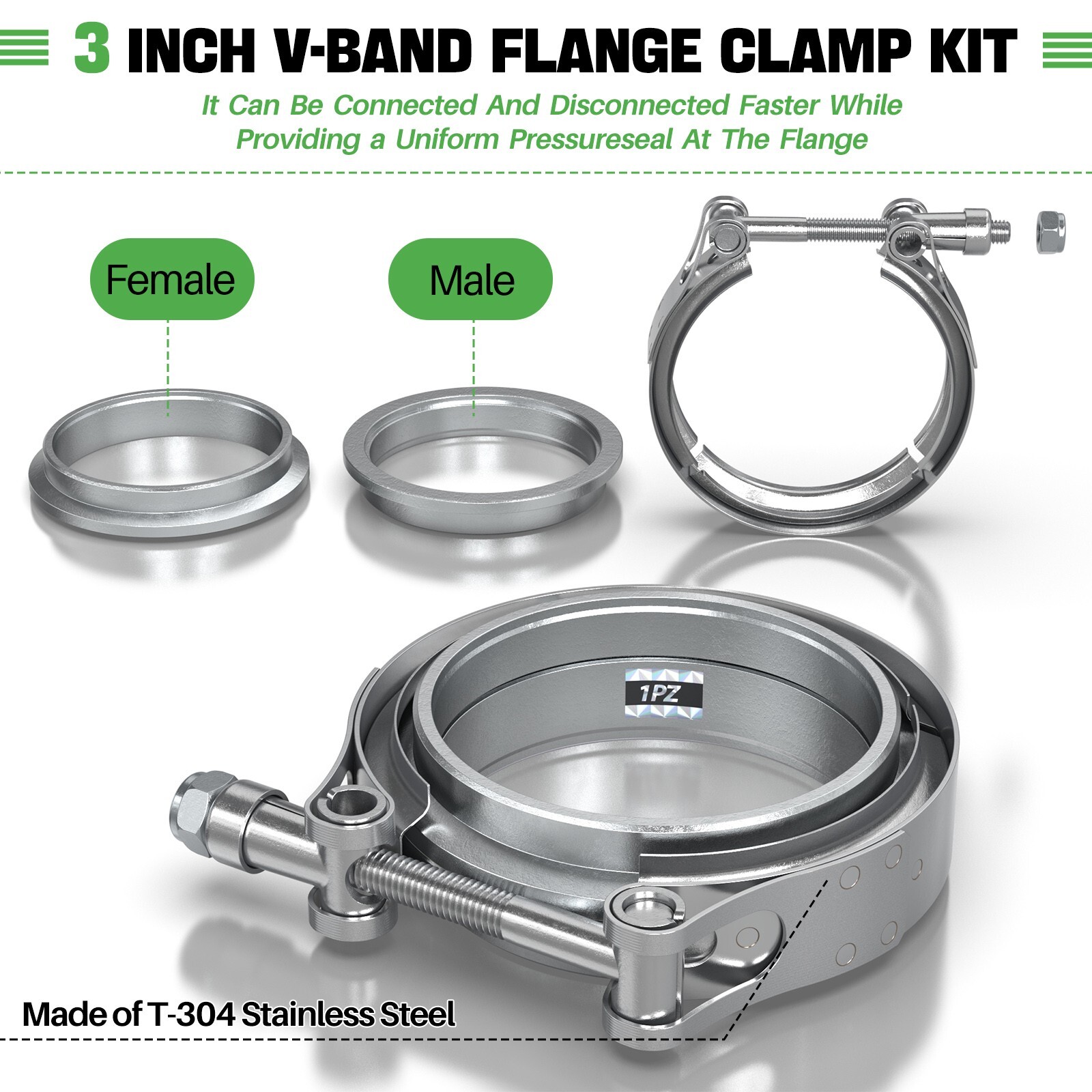 4pcs 3" V Band Clamp Kit Male/Female Flange 304 Stainless Steel for ...