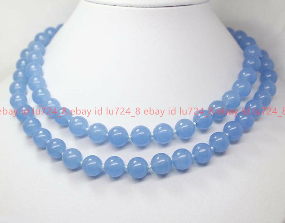 Beautiful 10mm Blue Malay Jade Quartz Round Gemstone Beads Necklace 34 ...