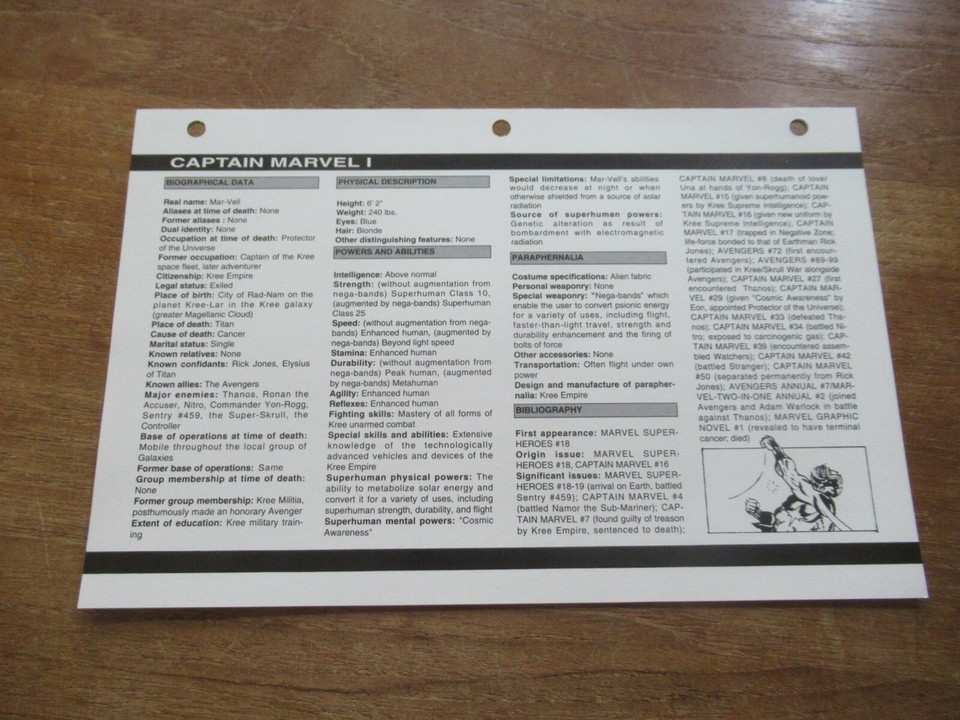 CAPTAIN MARVEL BIO SHEET VINTAGE MARVEL COMICS LOTS OF GREAT INFO ON ...