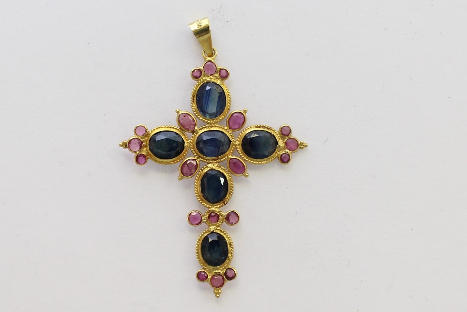 18k Yellow Gold Sapphire and Ruby Cross Charm Necklace Pendant ~ 1.7g ...