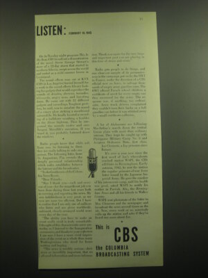 1945 CBS Columbia Broadcasting System Ad - Listen: February 10, 1945 | eBay