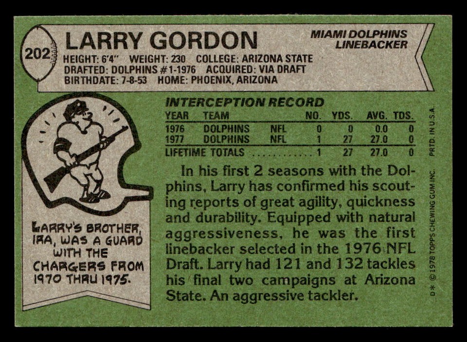 Larry Gordon 1978 Topps Rookie Card #202 Miami Dolphins | eBay