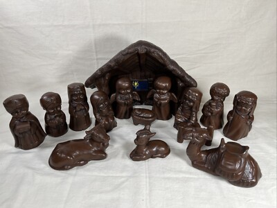 Nativity Scene - 15 Pc Brown Glazed Ceramic Childlike Figures&Crèche ...