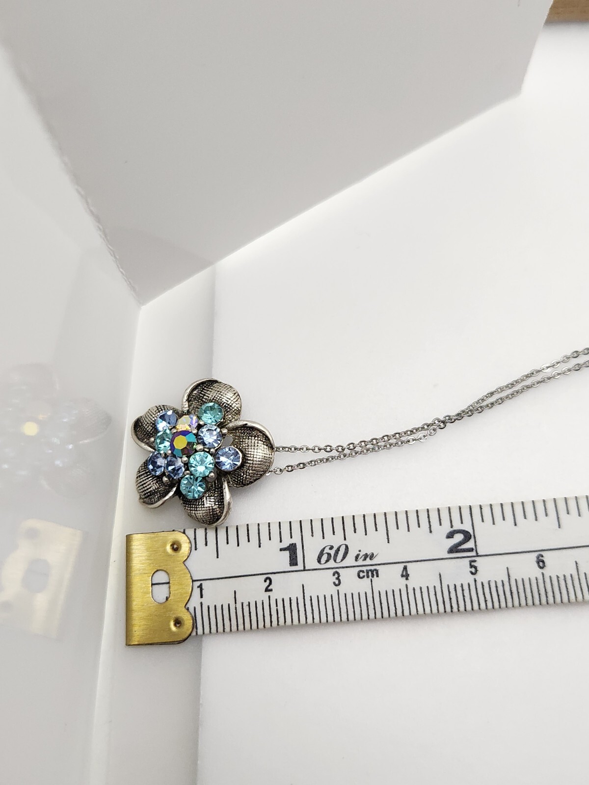 Joan Rivers Blue AB Rhinestone Flower Pendant Necklace Silver Tone 18 ...
