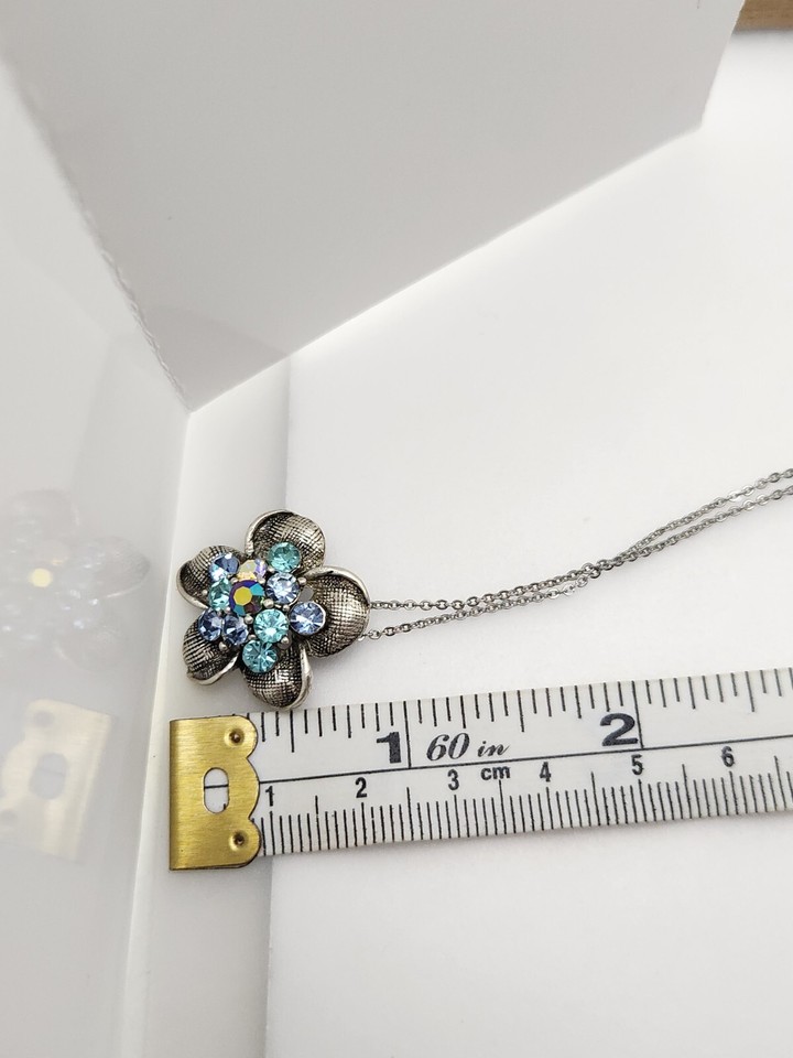 Joan Rivers Blue AB Rhinestone Flower Pendant Necklace Silver Tone 18 ...