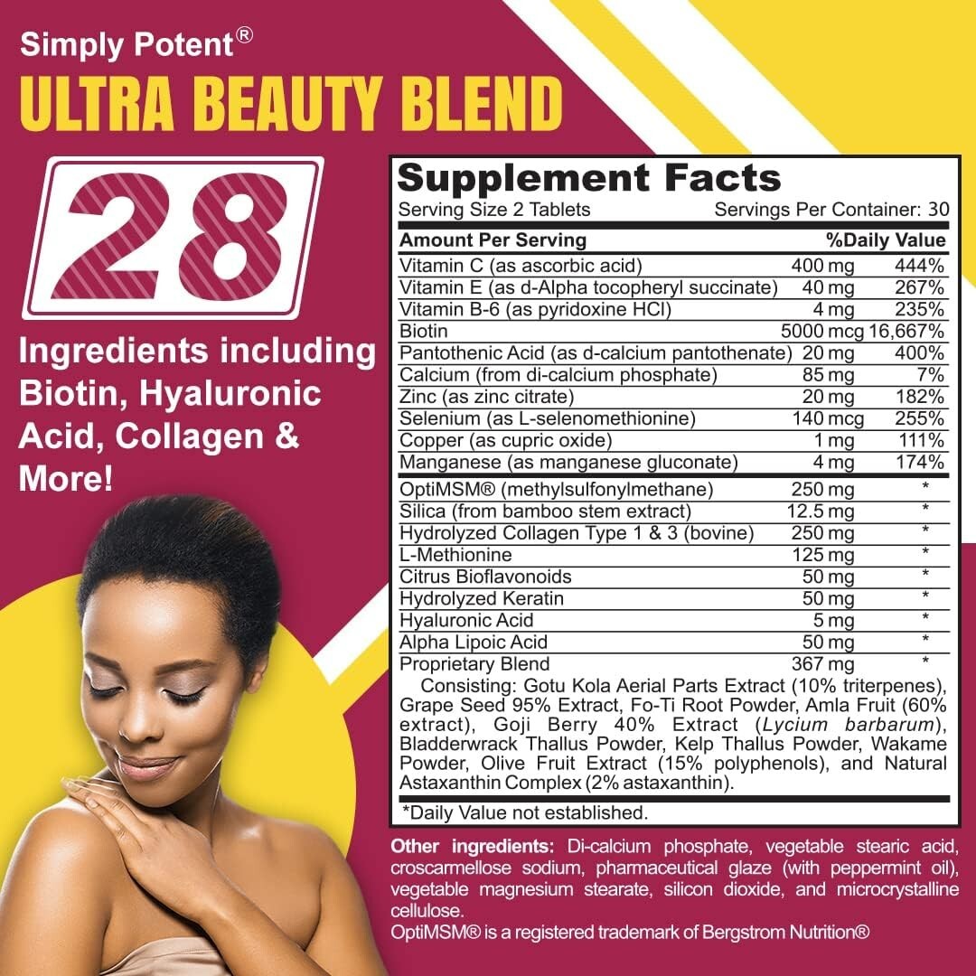 Simply Potent Hair Skin and Nails Vitamins, 28 Ingredient Supplement ...