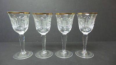 GORGEOUS SET/4 HIGH QUALITY CUT CRYSTAL WINE / CLARET GOBLETS w/ GOLD ...
