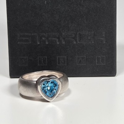 1980's Starck Miami 925 Brushed Sterling Ring with Aqua Glass Heart ...