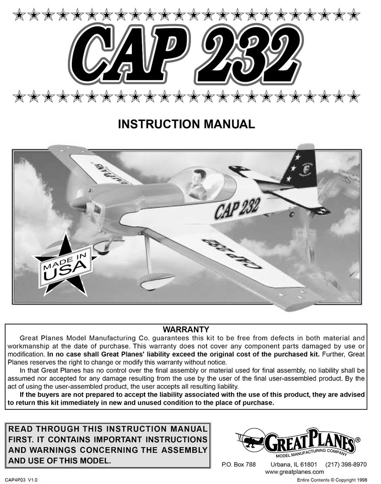 Great Planes Model Airplane Plans (RC): CAP 232 58" Wingspan for .40 ...